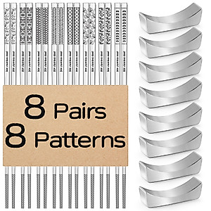 8 Pairs Metal Chopsticks and 8 Chopstick Holders Reusable 18/8 Stainless Steel Chopsticks Chopstick Rest Set Non-slip Japanese Korean Chinese Chopstick for Cooking Eating Dishwasher Safe 9.25"