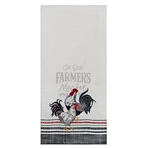 Farmers Market Kitchen Towel - Potholder Bundle, 2 Gray Striped Heavyweight Kitchen Towels with Embroidered Roosters and Matching Pocket PotHolder