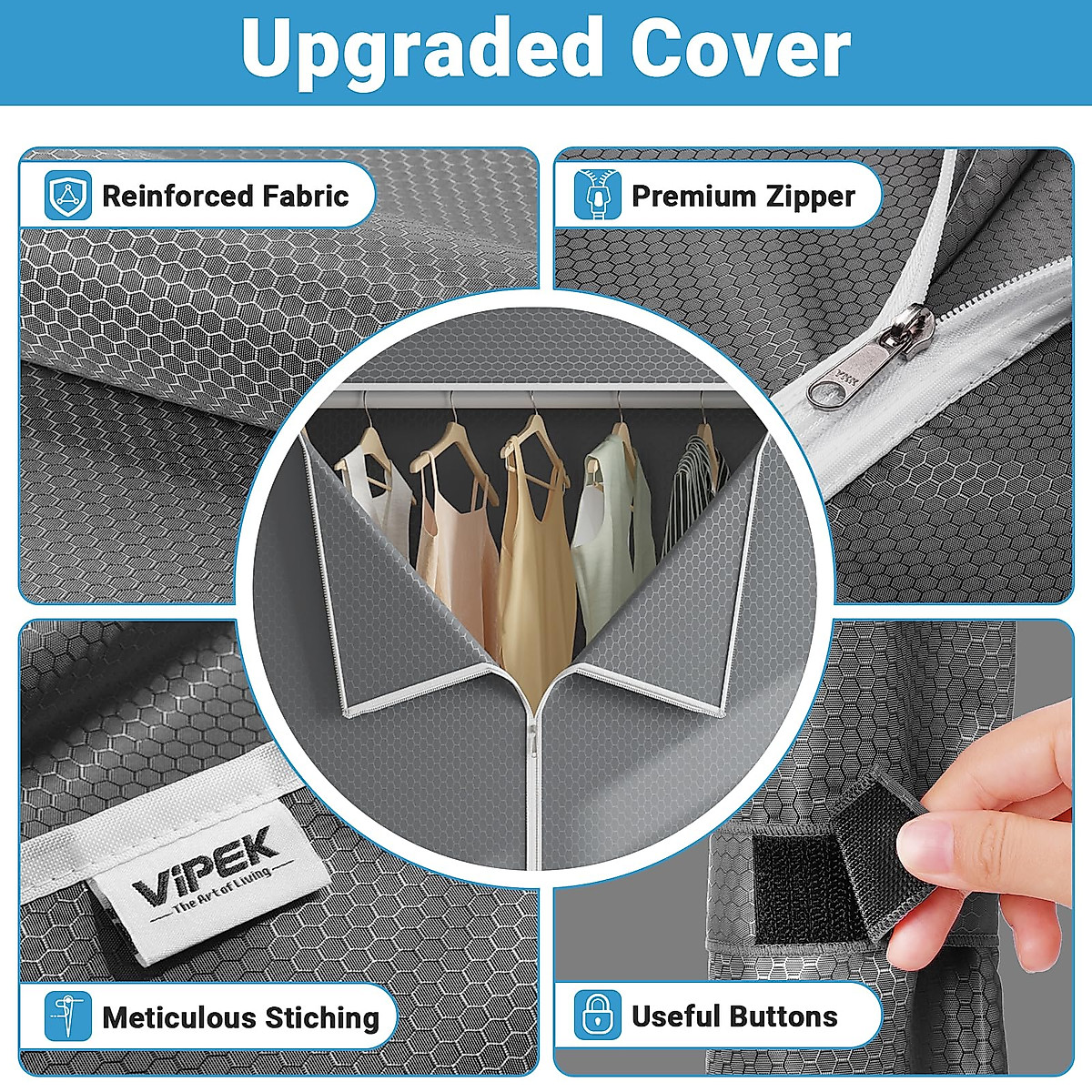 VIPEK V7C Basic Garment Rack with Cover Portable Closets for Hanging Clothes, Heavy Duty Clothes Rack with Shelves Metal Closet Wardrobe, Max 670lbs, White Rack with Grey Upgraded Polyester Cover