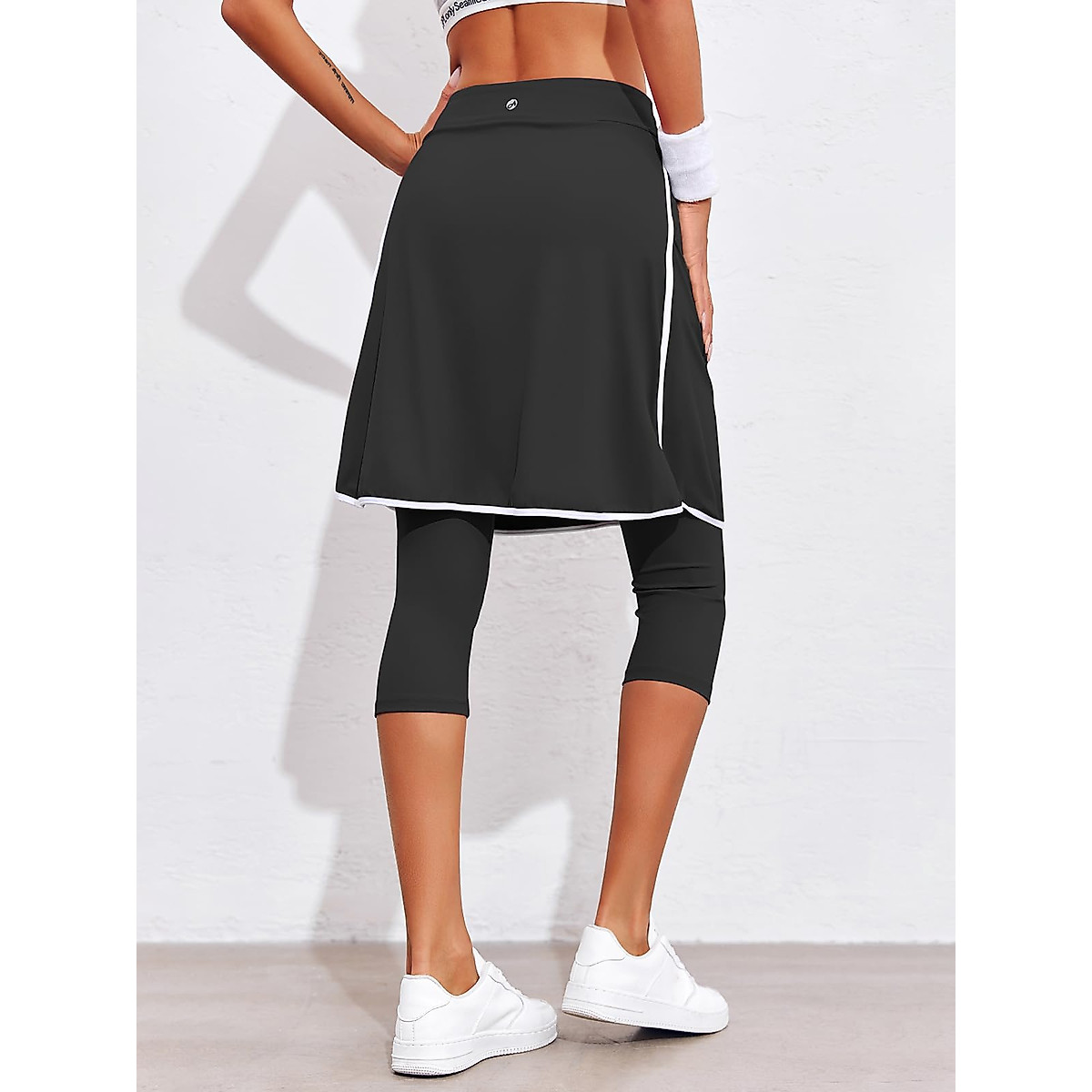Aurgelmir Women's Knee Length Tennis Golf Skirts with Capri Pants Workout Yoga Skirted Leggings Athletic Skorts Pants Black