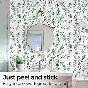 Beautyhero Peel and Stick Wallpaper 17.7 x118.1 Inch Olive Green Leaf Wallpaper Floral Contact Paper Bathroom Vinyl Removable Modern Farmhouse Sage Green Wall Paper Self Adhesive Neutral Wallpaper