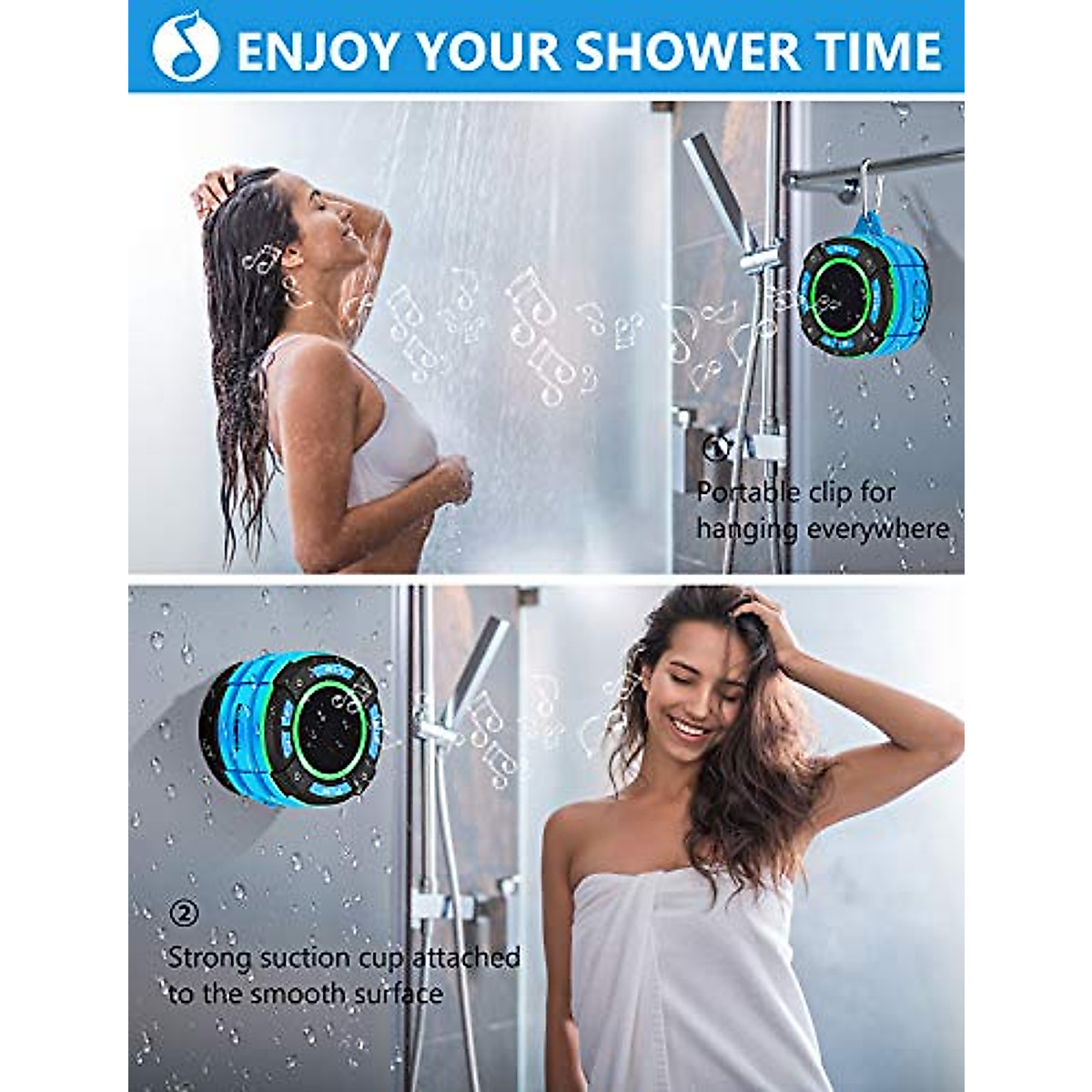 BassPal Bluetooth Speaker IPX7 Waterproof Shower Speakers Bluetooth Wireless Shower Radio with 10W 15 Hours Playtime, TWS, Loud Stereo Sound for Shower Hiking Camping (Blue)