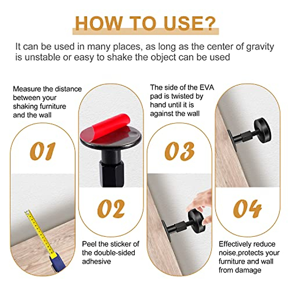 QUACOWW 4PCS Black Adjustable Bed Frame Anti-Shake Tool,Adjustable Threaded Headboard Stoppers/Bumper Against Wall,Bed Shake Support Stabilizer Device for Anti-Knocking