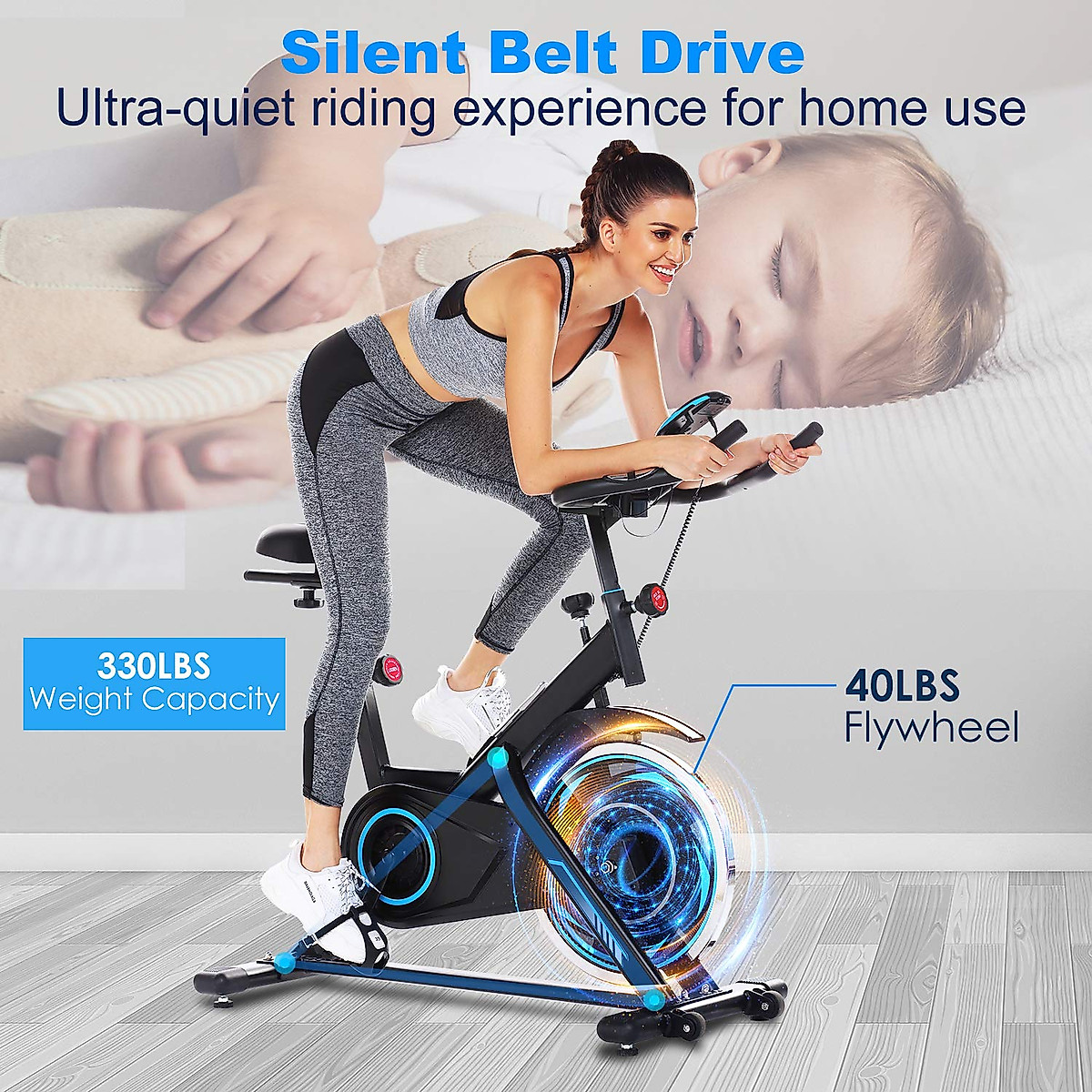 FUNMILY Indoor Exercise Bike Stationary, Cycling Bike-Belt Drive with Heart Rate Monitor & LCD Monitor, Comfortable Seat Cushion, Flywheel- Commercial Standard for Home Cardio Workout (Silver)