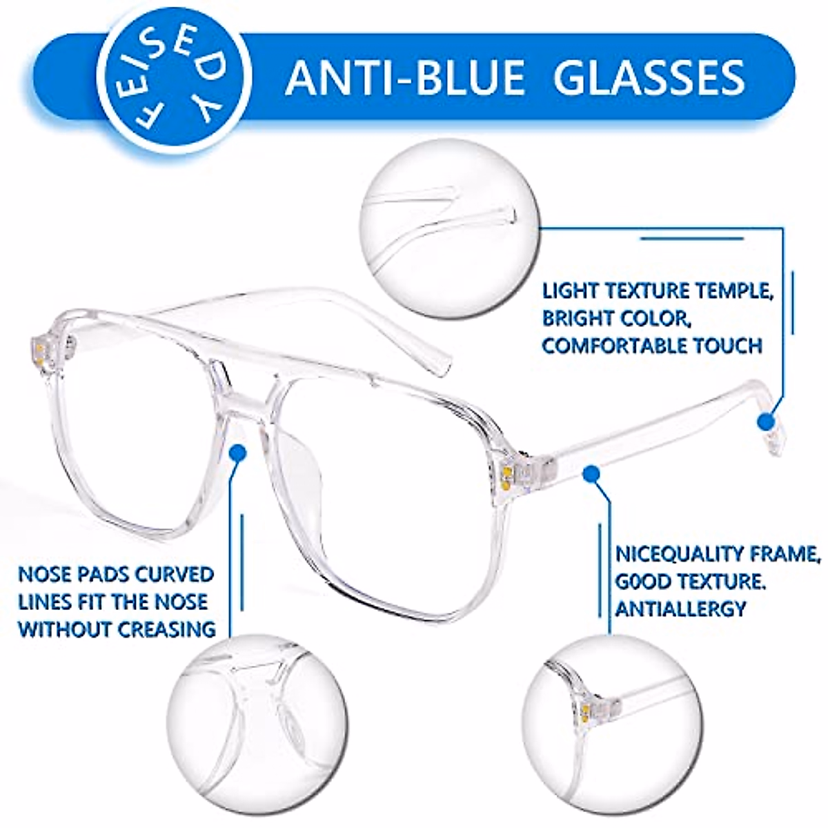 FEISEDY Blue Light Blocking Glasses Fake Nerd Clear Square Computer Lightweight Pilot Glasses Frame Oversized B2866