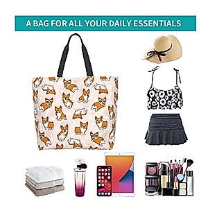 Qaonyui Corgi Cute Tote Bag for Women Large Capacity Reusable Shoulder Handbags Heavy Duty Bag for Grocery Beach Picnic