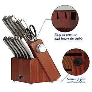Kitchen Knife Set, Hanmaster 13 Pieces Stainless Steel Knife Sets for Kitchen with Block, Acacia Wood Knife Block Set with Sharpener, Gift Box Packed, Silver.