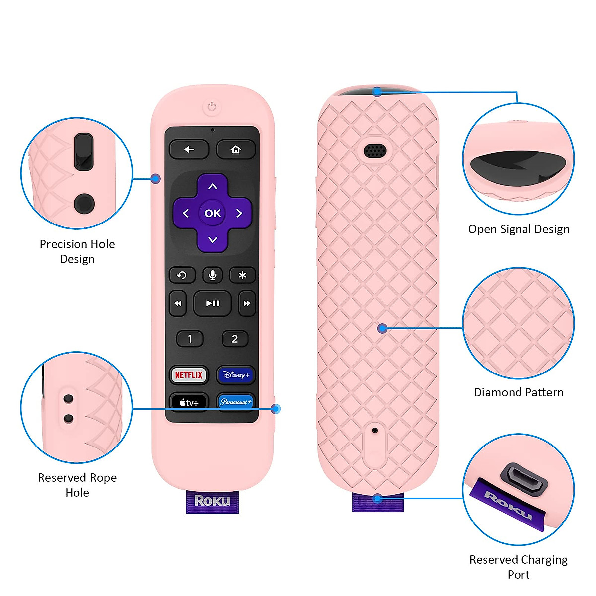 Silicone Cover for Roku Ultra 2022 Remote/Roku Voice Remote Pro 2021 Silicone Cover Case, Shockproof Durable Silicone Remote Case with Lanyard (Pink)