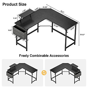COMHOMA L Shaped Gaming Desk with LED Lights, 51" Gaming Corner Desk with Monitor Stand, Sturdy Home Computer Office Desk with Storage Bag, PC Gaming Table, Gaming Table for Writing Workstation, Black