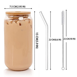 Weiei Beer Can Glasses with Bamboo Lids and Glass Straw 4pcs Set - 16oz, Wide Mouth Iced Coffee Cups with 4 Straws, Can Shaped Glass Cups, Reusable Glass Tumbler Boba Cup for Tea, Boba, Smoothie