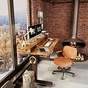 FEZIBO Height Adjustable Electric Standing Desk with Double Drawer, 60 x 24 Inch Stand Up Table with Storage Shelf, Sit Stand Desk with Splice Board, Black Frame/Rustic Brown Top