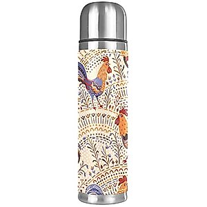 Seamless Art Cock Rooster Stainless Steel Water Bottle, Leak-Proof Travel Thermos Mug, Double Walled Vacuum Insulated Flask 17 OZ