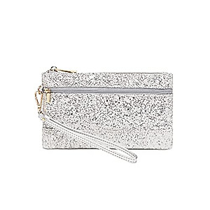 LAM GALLERY Sparkling Glitter Evening Clutch Silver Bride Purse for Wedding Bling Clutch Handbag for Party - Silver Wristlet Style