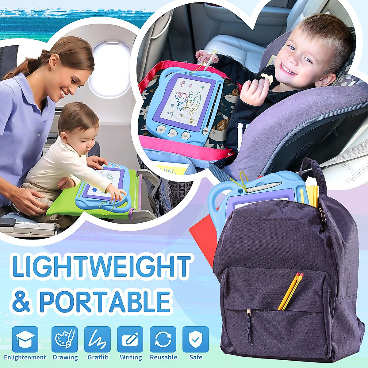 AiTuiTui Magnetic Drawing Board Mini Travel Doodle, Erasable Writing Sketch Colorful Pad Area Educational Learning Toy for Kid/Toddlers/Babies with 3 Stamps and 1 Pen (Sky Blue)