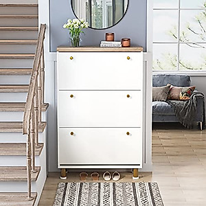 Tribesigns 3 Drawer Shoe Cabinet, Freestanding Shoe Rack Storage Organizer with Flip Door, Modern Tipping Bucket Shoe Cabinet for Entryway, Hallway, Bedroom, Small Spaces, White