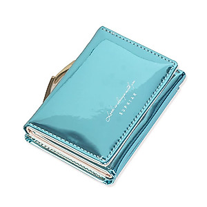 YaJaMa Bright Pearlescent Women Wallet Small Trifold PU Leather Short Credit Card Case Holder Organizer Coin Purse with ID Window (Blue)