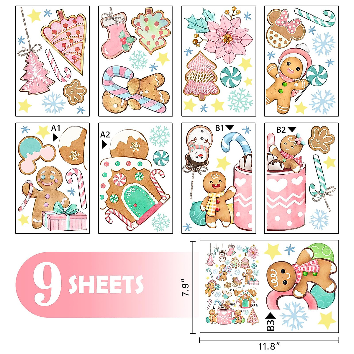 Mfault 148 PCS Merry Christmas Gingerbread Window Clings 9 Sheets, Xmas Ginger Bread Man Pink Candy Cane House Stickers Decals Decorations, Winter Snowflake Living Room Home Kitchen Decor Holiday Gift