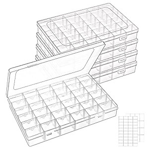QUEFE 5 Pack 36 Grids Clear Plastic Organizer Storage Box Container, Craft Storage with Adjustable Dividers for Beads, Art DIY, Crafts, Jewelry, Fishing Tackle with Label Stickers