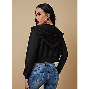 milanpavilion Women's Zip Up Hoodies Black Cropped Cardigan Jacket Drawstring Hooded Sweatshirts Casual Long Sleeve Top Medium