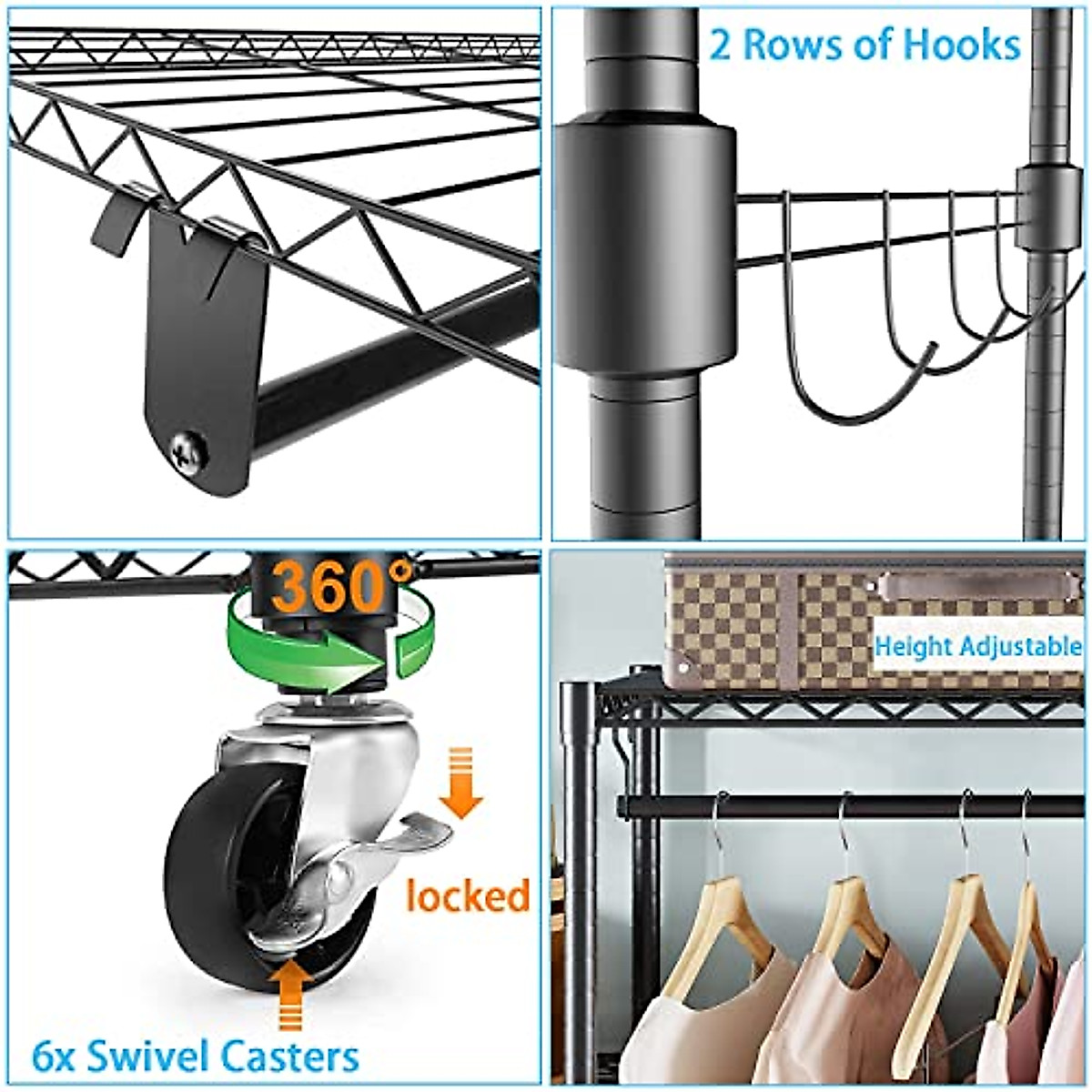 uyoyous 3 Tier Rolling Clothing Rack 73 X 40 Inch Wire Heavy Duty Clothes Rack with Locked Wheels and Side Hooks Rolling Garment Rack Closet Organizer for Bedroom