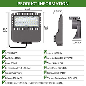 SZGMJIA 100W LED Parking Lot Lighting, Street Light 15,000 Lumen Super Bright 5000K Daylight White Replaces 500W Halide Shoebox Pole Lights with photocell for Stadium Parking Lot Roadways