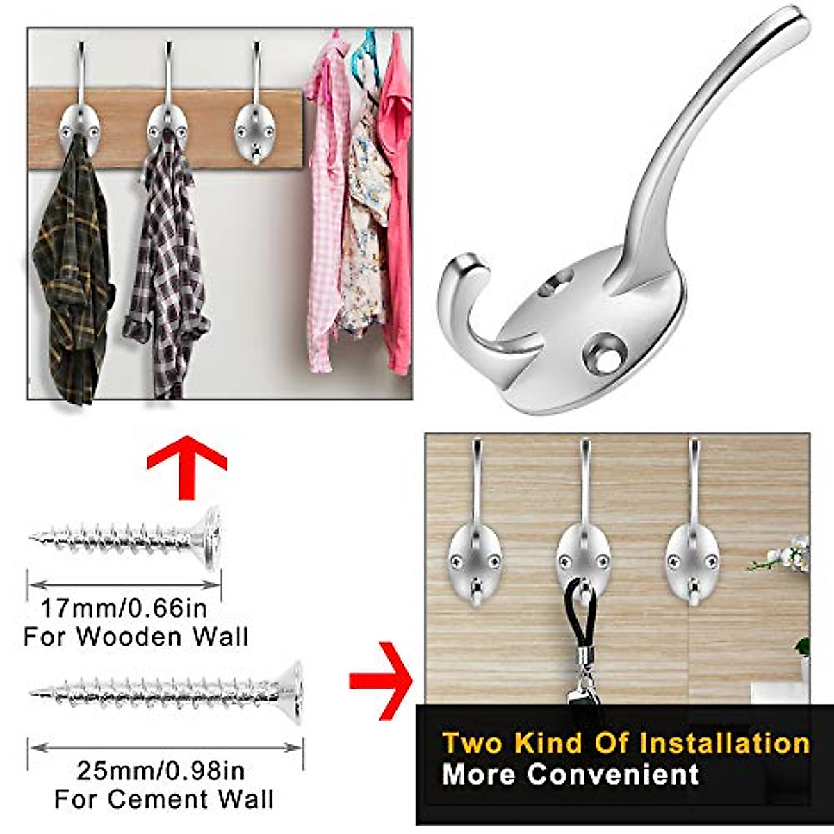 CORANSO 10Pack Silver zinc die cast Coat Hooks with 48 Screws Wall Mounted Double Rustic Metal Two Prongs Hanger Heavy Duty Bathroom Closet Robe Hook for Towel,Key,Hat