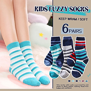 Kids Fuzzy Slipper Grip Socks Boys Girls Non Slip Winter Thick Fluffy Warm Soft Plush Thermal Crew Socks 6 Pairs (4-7 Years, 6 Pairs Stripe)