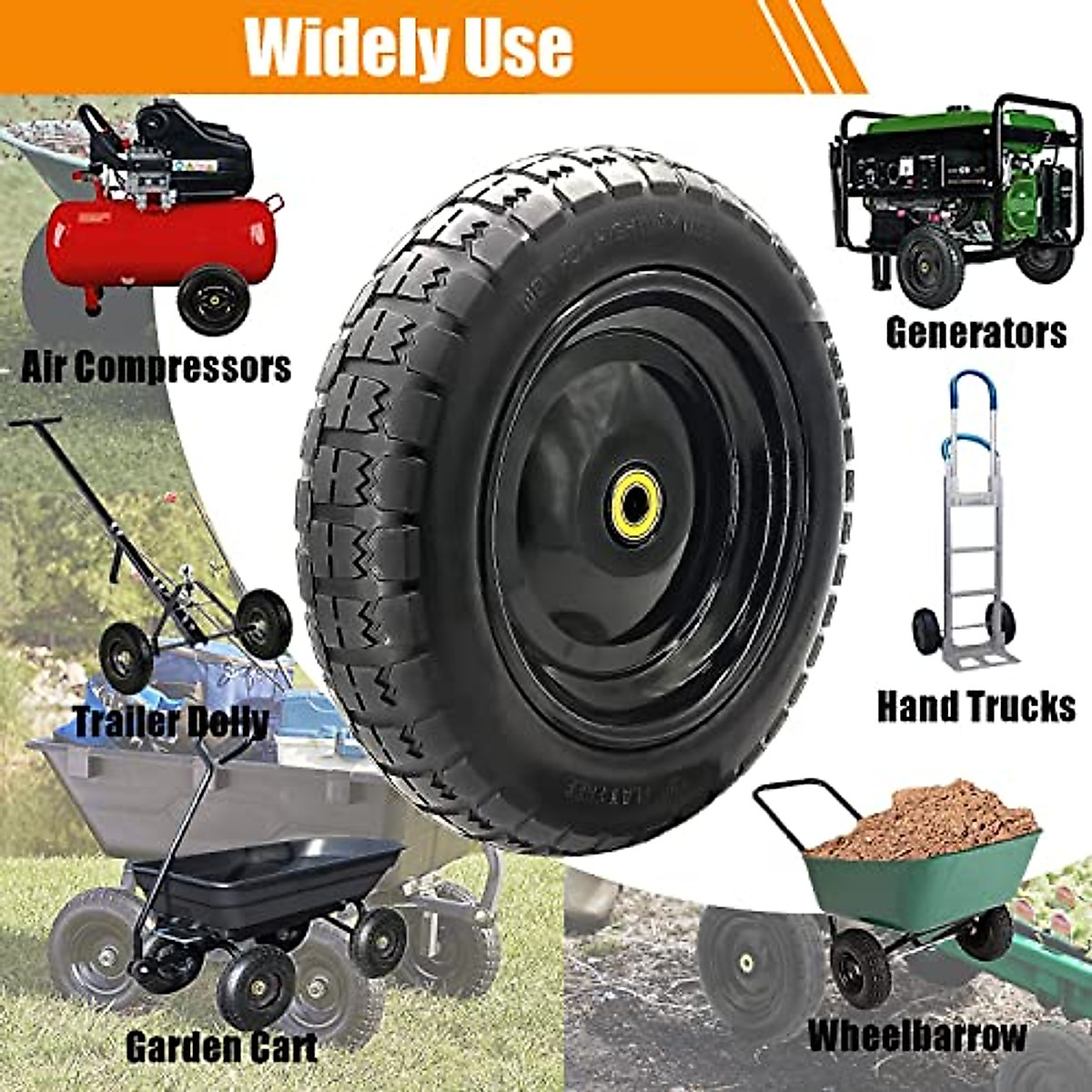 13" Flat Free Solid Tire and Wheel for Gorilla Carts Replacement Wheels,Wheelbarrow,Garden Cart,Trolleys,Hand Trucks and Yard Trailers(5/8" Bearings,Offset Hub 2.1") (2-Pack)