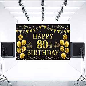 Trgowaul 80th Birthday Backdrop Gold and Black 5.9 X 3.6 Fts Happy Birthday Party Decorations Banner for Women Men Photography Supplies Background Happy Birthday Decoration