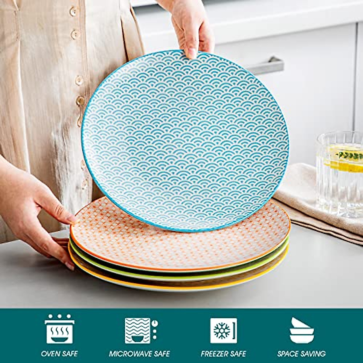 vancasso Natsuki Porcelain Dinner Plates, 4 Pieces Hand-Patterned Round 10.5 Inches Ceramic Salad Plates Serving Dishes Set of 4 for Steak Pasta Salad