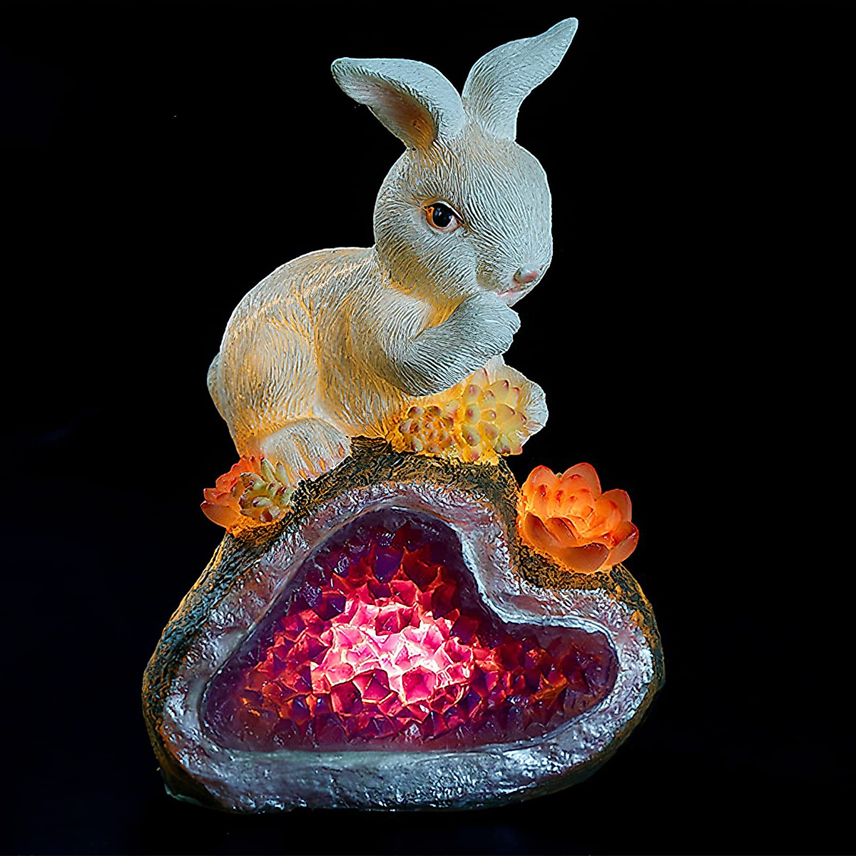 Resin Rabbit Ornament Solar Powered Bunny Statue Lamp Adorable Rabbit Figurine Decorative LED Lawn Light Lovely Art Decor Sculpture for Garden Patio Lawn Desktop Home Office