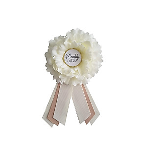 Mom To Be Sash and Dad To Be Pin By LMC | Baby Shower Belly Sash and Corsage | USA Handmade | Heat Sealed Ends | Ivory and Beige (Daddy to be pin)