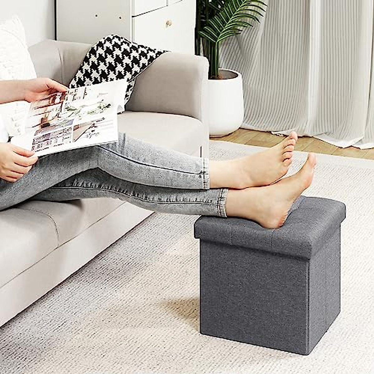 B FSOBEIIALEO Storage Ottoman Cube, Toy Chest Folding Footrest for Living Room Seat, 12.6"X12.6"X12.6" (Linen Grey)