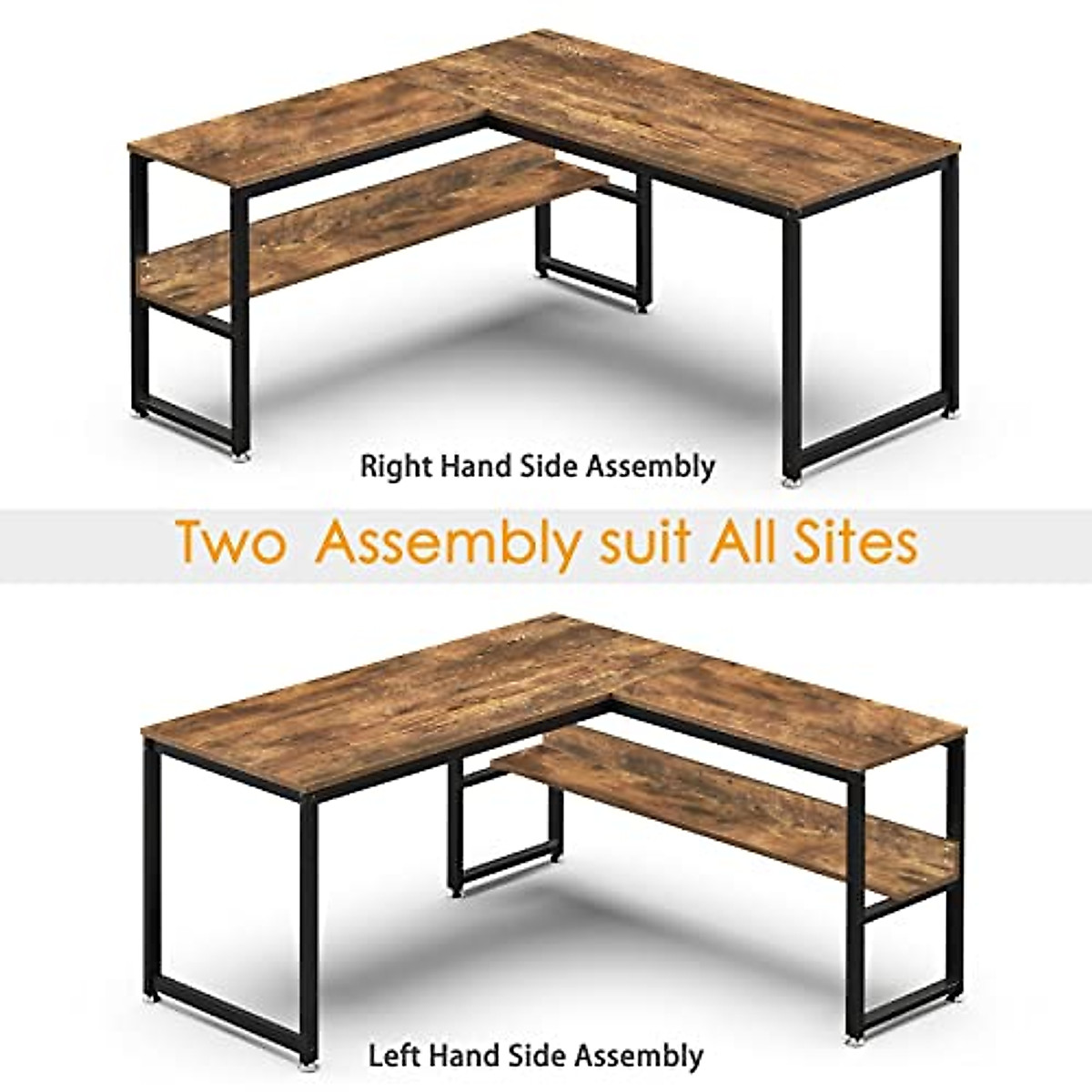 WiberWi L Shaped Desk, Office Computer Corner Desk, 55 inch Home Gaming Desk Table, Writing Study Workstation with Storage Shelves for Home Office, Space-Saving, Industrial, Rustic Brown