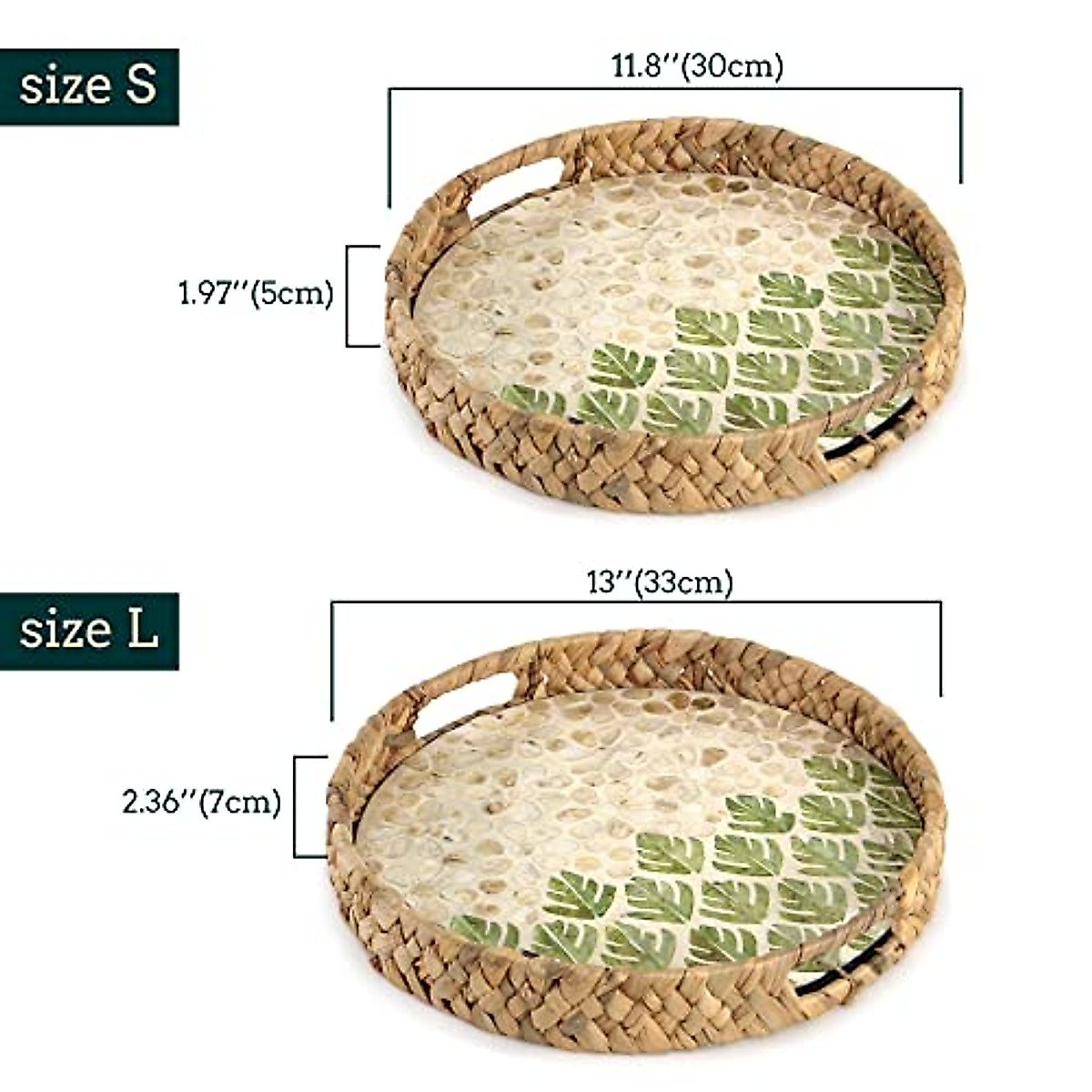 MadeTerra Round Seagrass Tray with Mother of Pearl Inlay Wooden Base Insert Handle, Decorative Nacre Serving Basket for Breakfast, Food, Coffee Table Decor, Decoration, Storage and Display (Set 2)