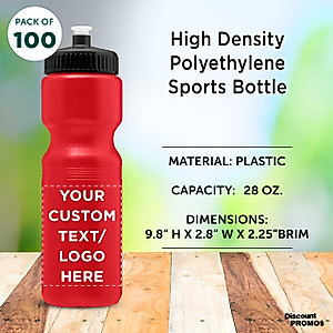 DISCOUNT PROMOS 28 oz. Custom Push Cap Plastic Water Bottles Set of 100, Personalized Bulk Pack - Perfect for Gym, Hiking, Camping, Outdoor Sports -Red