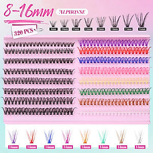 Individual Cluster Lashes 320Pcs Colored Lash CLusters DIY Eyelash Extensions 8-16mm D Curl Eyelash Clusters DIY at Home Lash Extension Fluffy Wispy Colored Lashes by ALPHONSE