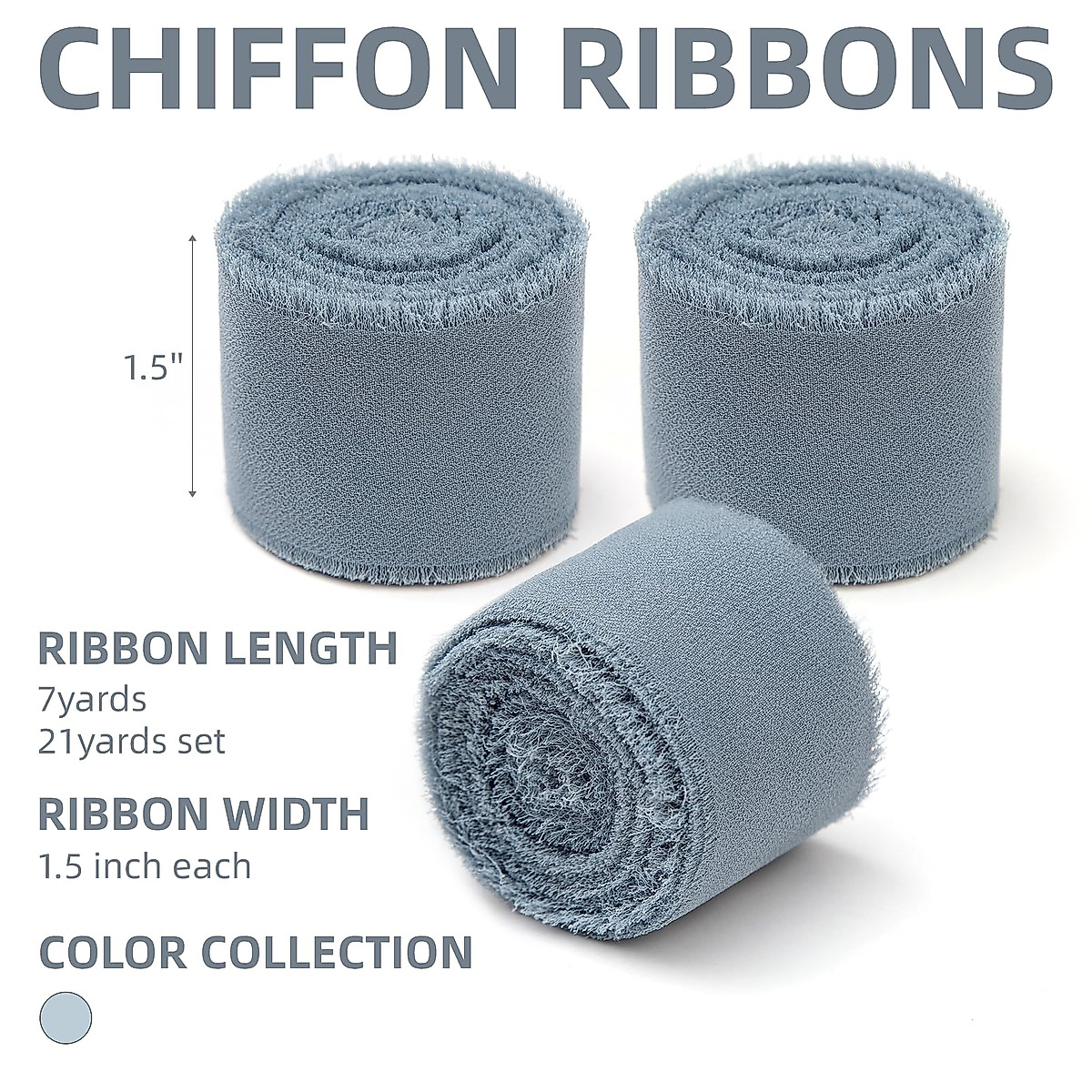 KEOSREE 3 Rolls Dusty Blue Handmade Chiffon Ribbon,1.5" x 21Yd Frayed Fringe Silk Ribbons (3 Rolls *7Yd) for Gifts Wrapping, Wedding Invitations, Bridal Bouquets, Decorations