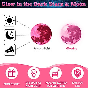 Zonon 1630 Pieces Glow in The Dark Ceiling Star Glow in The Dark Moon and Stars Wall Decals Luminous Stickers for Bedroom Boys Girls Nursery Living Room (Fluorescent Pink)