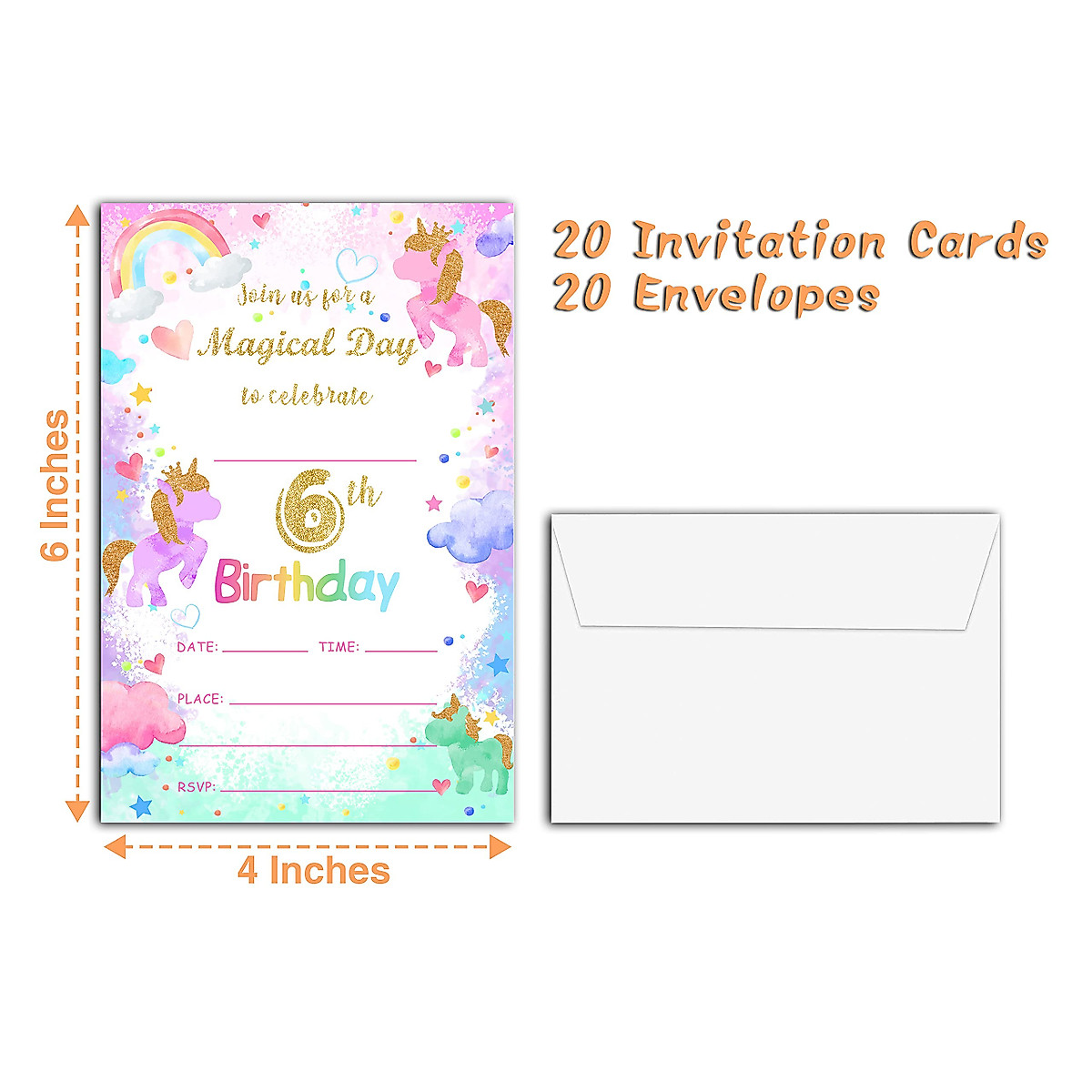 YQV 6th Birthday Party Invitations, 20-Count Magical Day Birthday Party Invites With Envelopes-HBYQK-B11