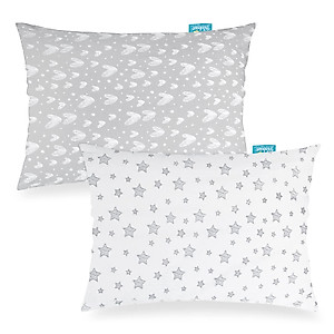 Biloban Organic Cotton Youth Pillowcase 2 Pack, (Pillowcase Only) Kids Pillowcase for Sleeping Fit Pillow Sized 16" x22“, Envelope Travel Pillowcase for Girl Boy, Gray Heart & White Star