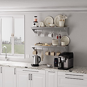 RIEDHOFF Metal Multifunctional Storage Rack with Backplash for Kitchen, [NSF Certified] 12" x 36" Stainless Steel Wall Mount Shelf with 6 Hooks for Hanging Pots, Pans,cookware in Home and Restaurant