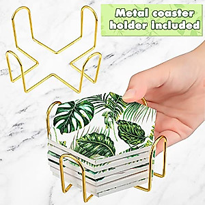 6 Pcs Plant Coasters with Holder Gold Absorbent, Drink Coasters Hexagon Farmhouse Ceramic Table Coaster Set Cute Coasters, Decorative Bar Wine Coasters Coffee Cup Coasters, Greenery Leaves Design