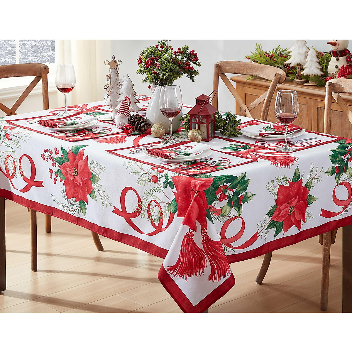 Home Bargains Plus Holiday Tassels Provence Christmas Fabric Tablecloth, French Country Holiday Poinsettia Garland Stain Resistant Easy Care Xmas Tablecloth, 60 Inch x 144 Inch Oblong/Rectangle