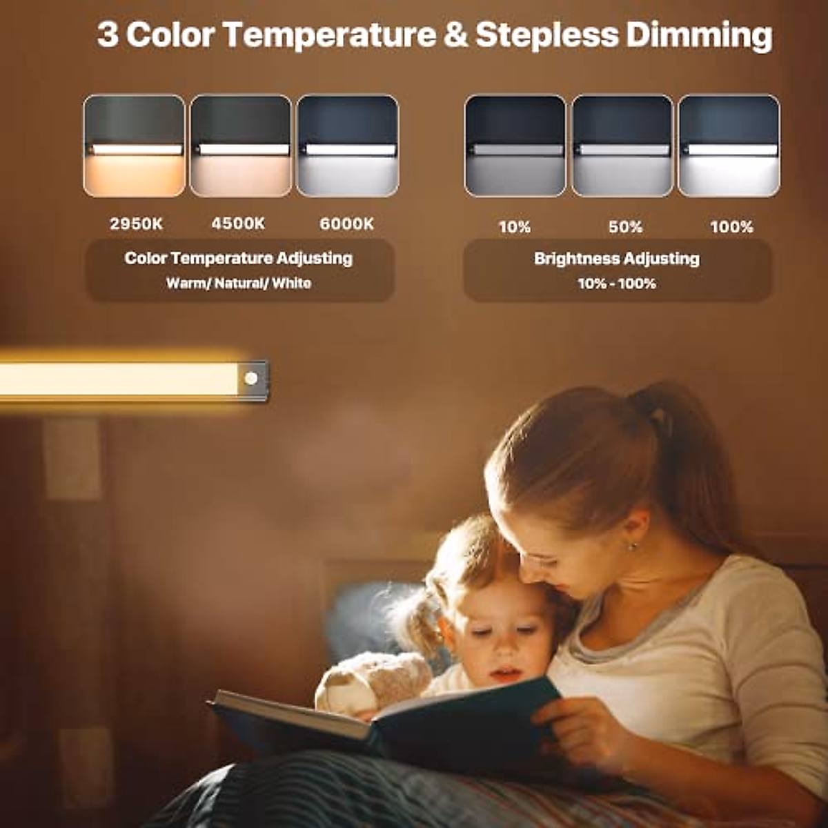 Aipolloo 69 LED Under Cabinet Lighting 2 Pack, 3 Color Motion Sensor Light Indoor, 3000mAh Rechargeable Stepless Dimmable Closet Lights, Wireless Battery Operated Under Counter Light for Kitchen