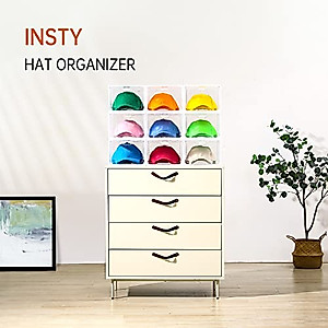 INSTY Hat Organizer Box for Baseball Caps, 4 Pack Plastic Hat Storage Containers, Clear Hat Box for Hat Display, Stackable Dust Proof Hat Rack With Magnetic Door, Easy to Assemble Hat Holder