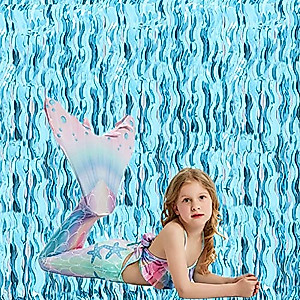 3 Pack 3.2 ft x 6.6 ft Teal Blue Matte Wavy Fringe Foil Curtains Photo Backdrop for Mermaid Birthday Party Decorations,Under The Sea Party Decorations