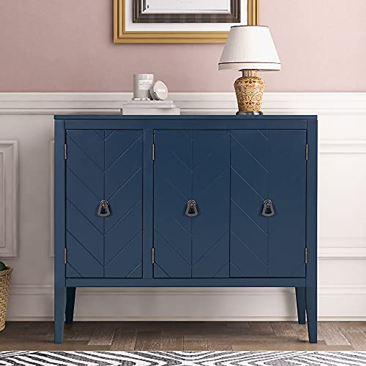 XD Designs Wood Console Table Sofa Table, Sideboard Buffet Storage Cabinet with 2 Adjustable Shelf, Vintage and Unique Medieval Style, Accent Furniture, Easy to Assemble (Navy Blue-1)