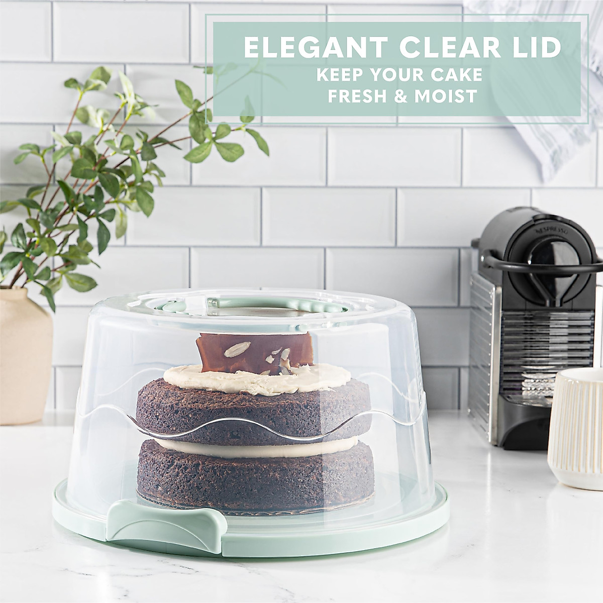 MosJos EXTRA LARGE Cake Carrier, Cake Stand with Lid and Foldable Handles - Multifunctional Serving Platter and Cake Plate - Cake Container with Dome and Strong Snaps 13 x 13 x 7 inch (White)