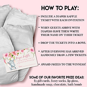 Amanda Creation Watercolor Dahlia Floral Elephant Diaper Raffle Tickets for Girl Baby Showers, 20 2" X 3” Double Sided Inserts, Bring a Pack of Diapers to Win Favors & Prizes!